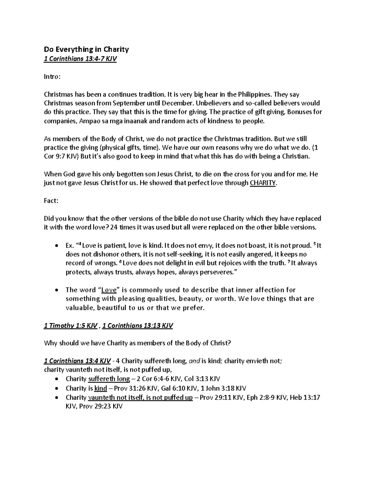 Outline Preaching - Do Everything in Charity 1 Corinthians 13:4- 7 KJV ...