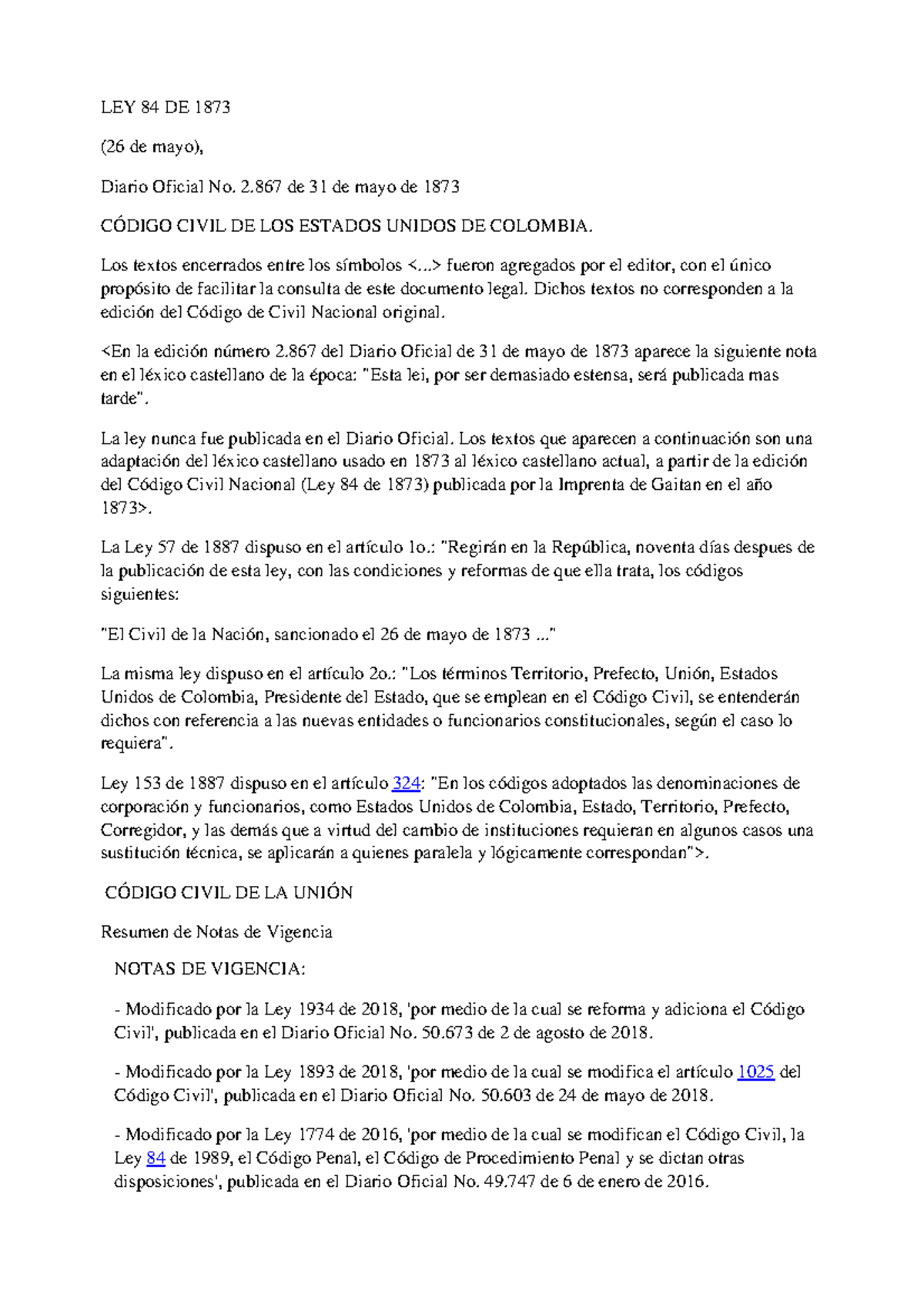 lecturas introduccion al derecho - LEY 84 DE 1873 (26 de mayo), Diario ...