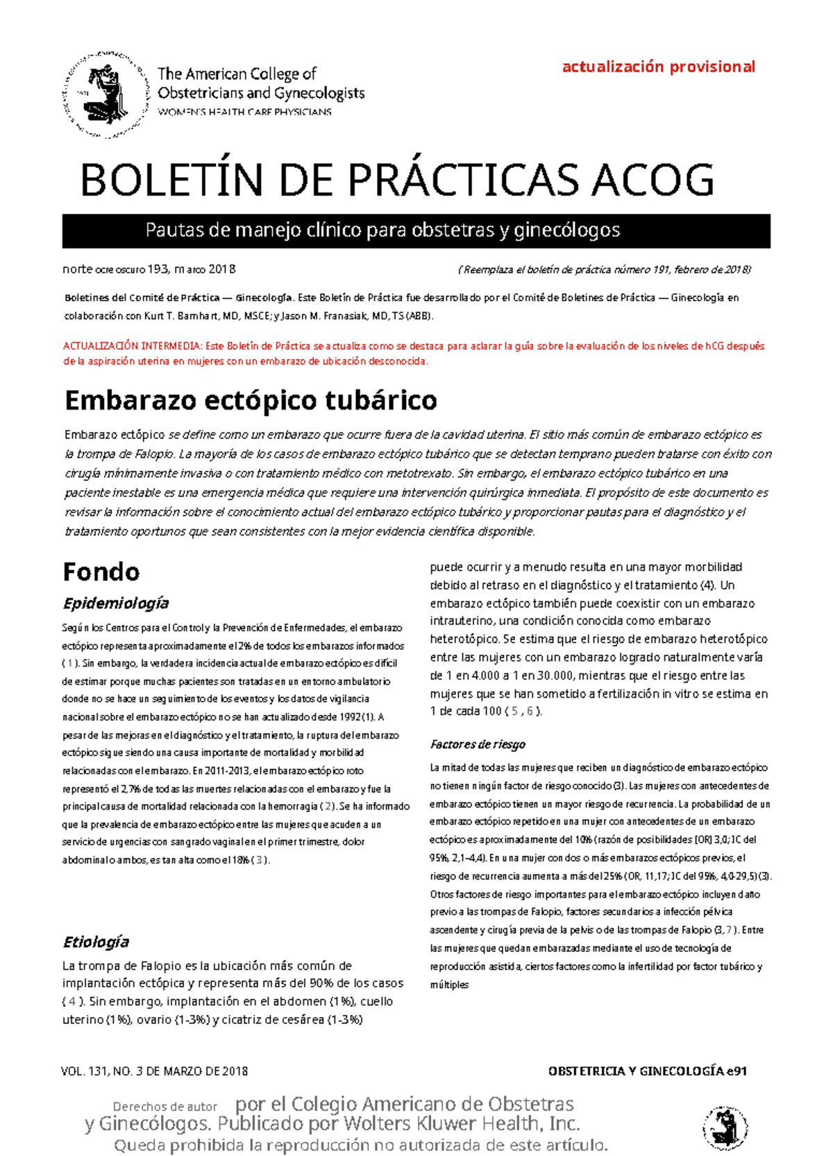 Acog practice bulletin no 193 2018 - VOL. 131, NO. 3 DE MARZO DE 2018 ...