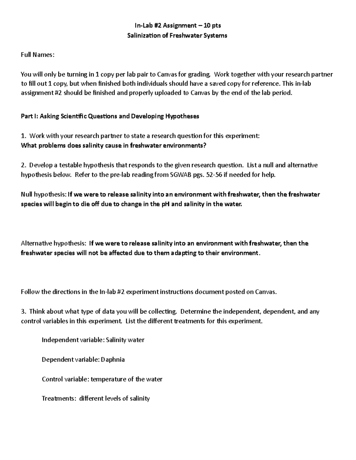 In lab #2 Assignment - in lab 2 - In-Lab #2 Assignment – 10 pts Salinization of Freshwater ...