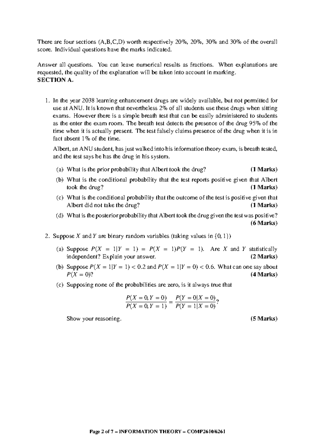 2018 Final Exam - 2018 - There are four sections (A,B,C,D) worth ...