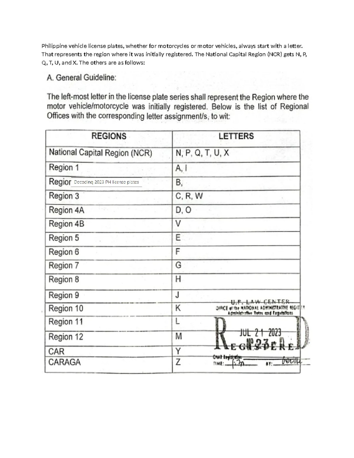 Philippine vehicle license plates - That represents the region where it ...