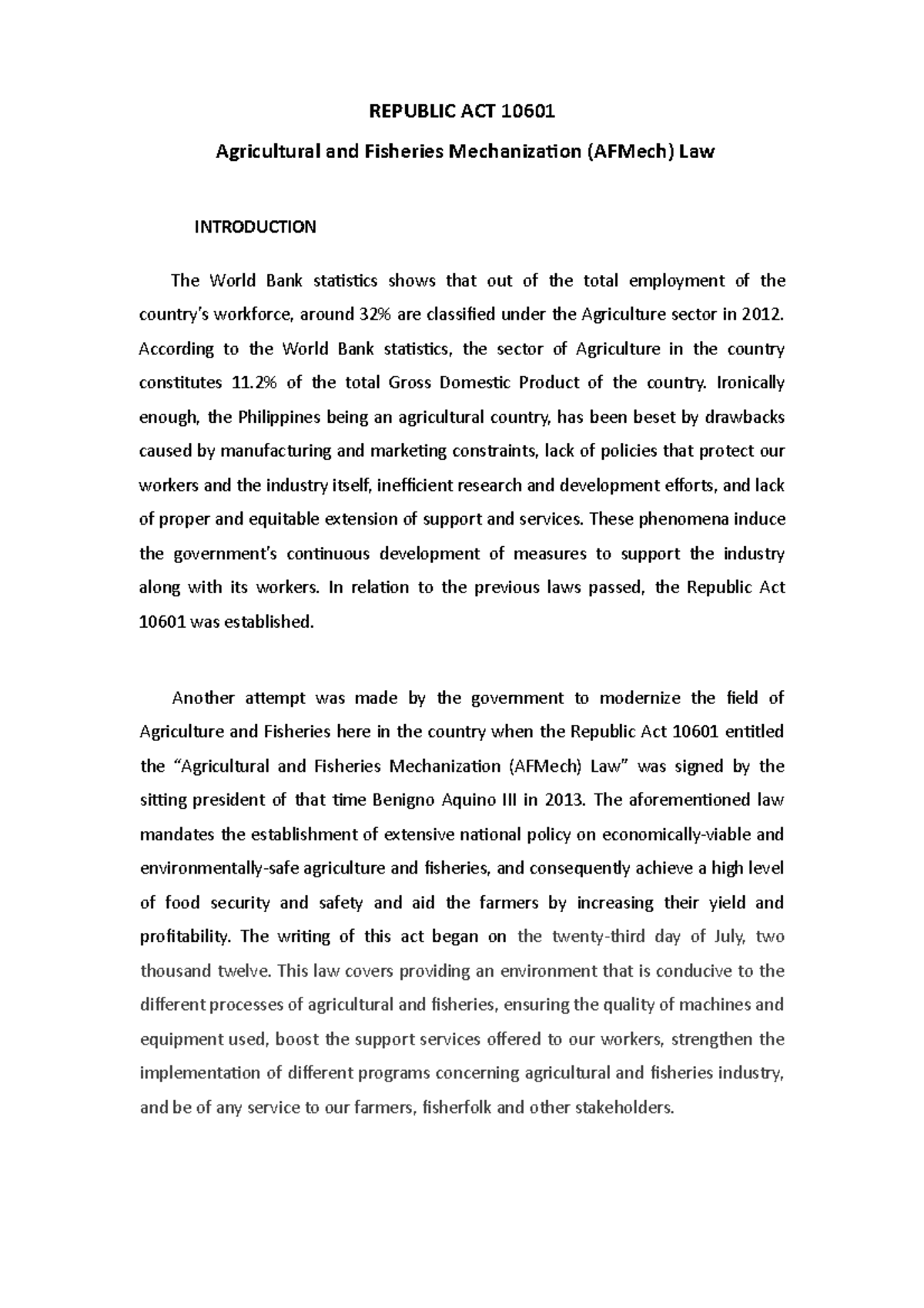 Agricultural and Fisheries Mechanization Law Termpaper - REPUBLIC ACT ...