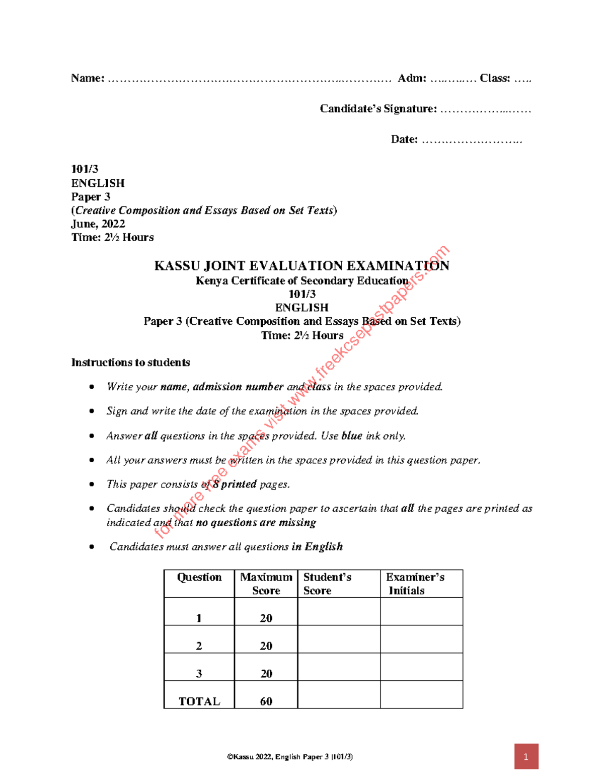 English Paper 3 Questions - ©Kassu 2022, English Paper 3 (I01/3) 1 Name ...