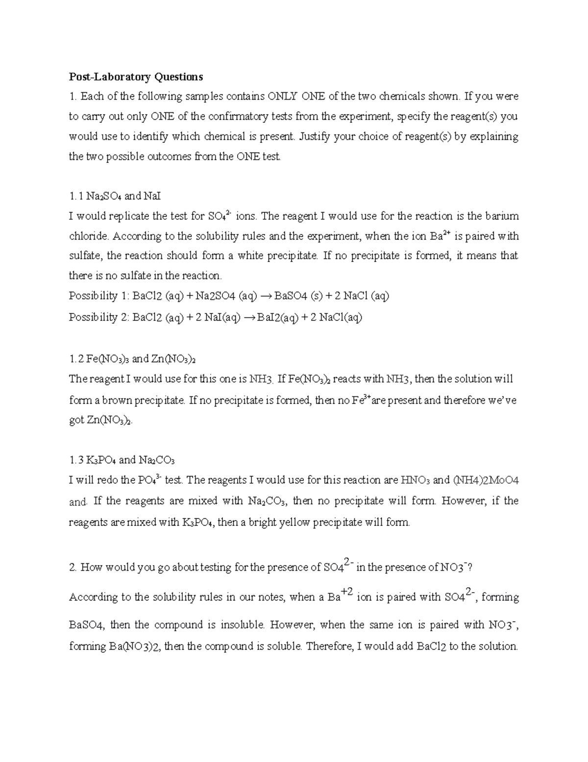 Lab 5 - Identification of Anions and Cations - Post-Laboratory Questions Each of the following ...