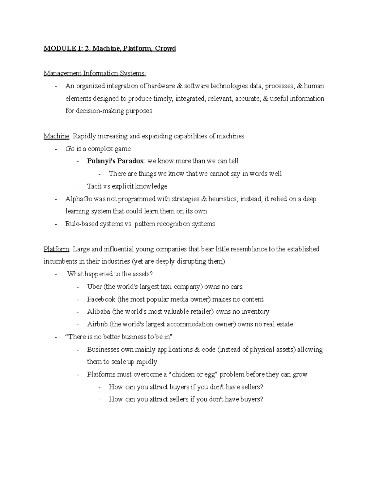 MIST2090 Module 1 Notes - MODULE I: 2. Machine, Platform, Crowd ...