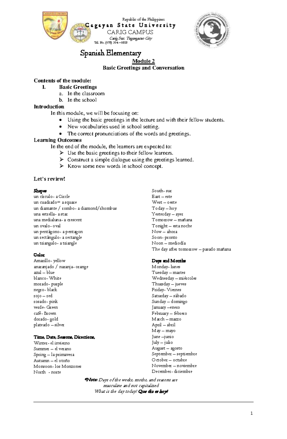 Elementary Spanish Module 2 - C a g a y a n S t a t e U n i v e r s i t ...