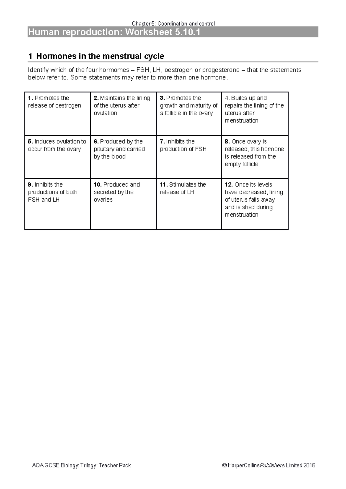 Worksheet human reproduction - Chapter 5: Coordination and control ...