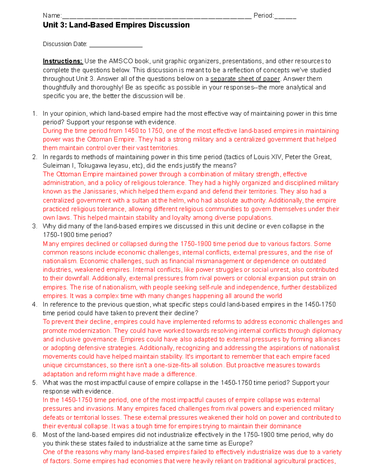 Copy of Unit 3 Land-Based Empires Discussion Handout - - Studocu