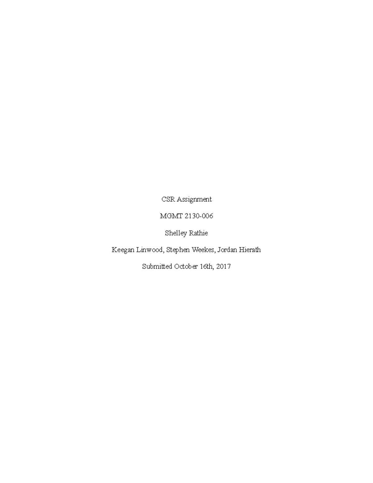 CSR Assignment - CSR Assignment MGMT 2130- Shelley Rathie Keegan ...