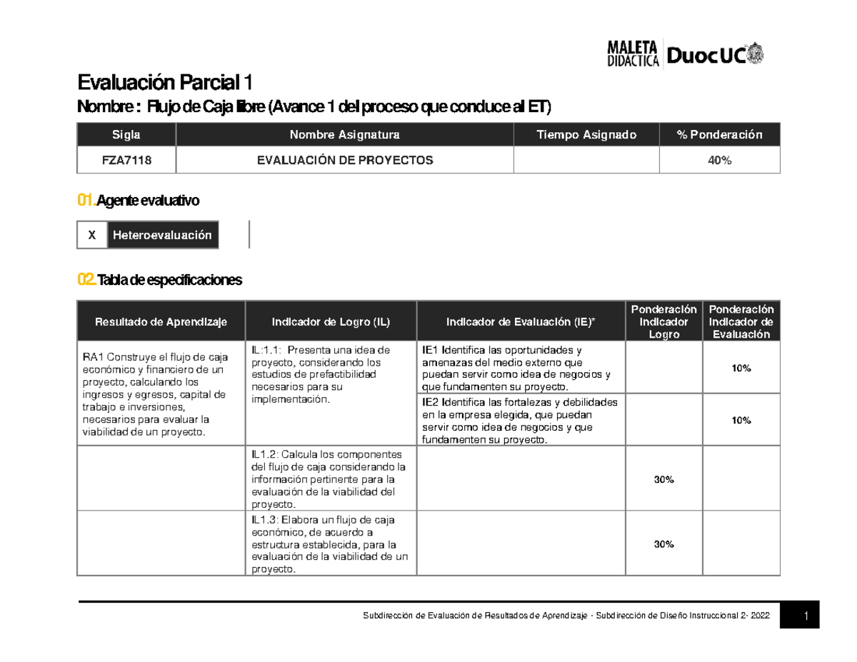 Ev. Parcial 1 FZA7118 Estudiante - Evaluación Parcial 1 Nombre : Flujo de Caja libre (Avance 1 ...