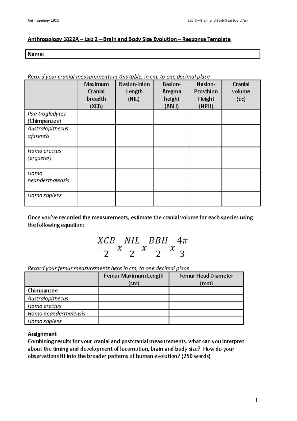 1022-Lab2 Outline - Anthropology 1022 Lab 2 – Brain and Body Size ...