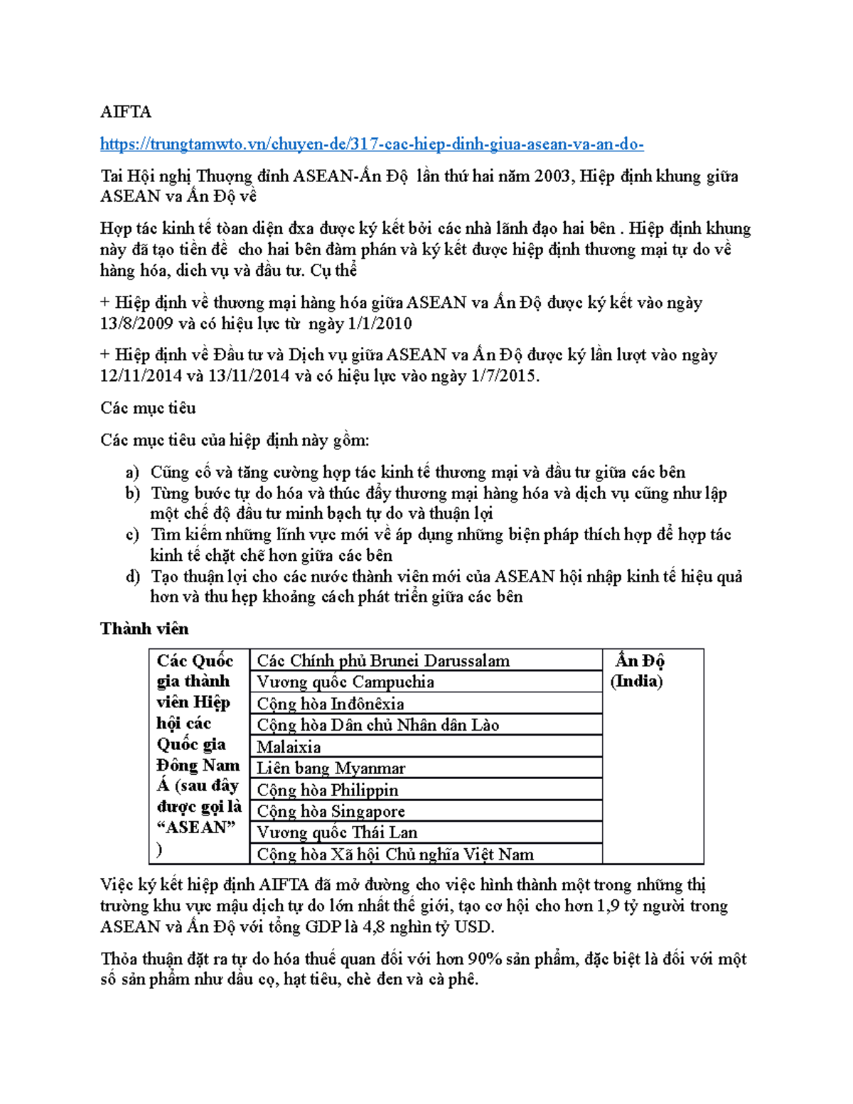 Aifta - HIỆP ĐỊNH ASEAN- ẤN TÓM TẮT - AIFTA - Studocu