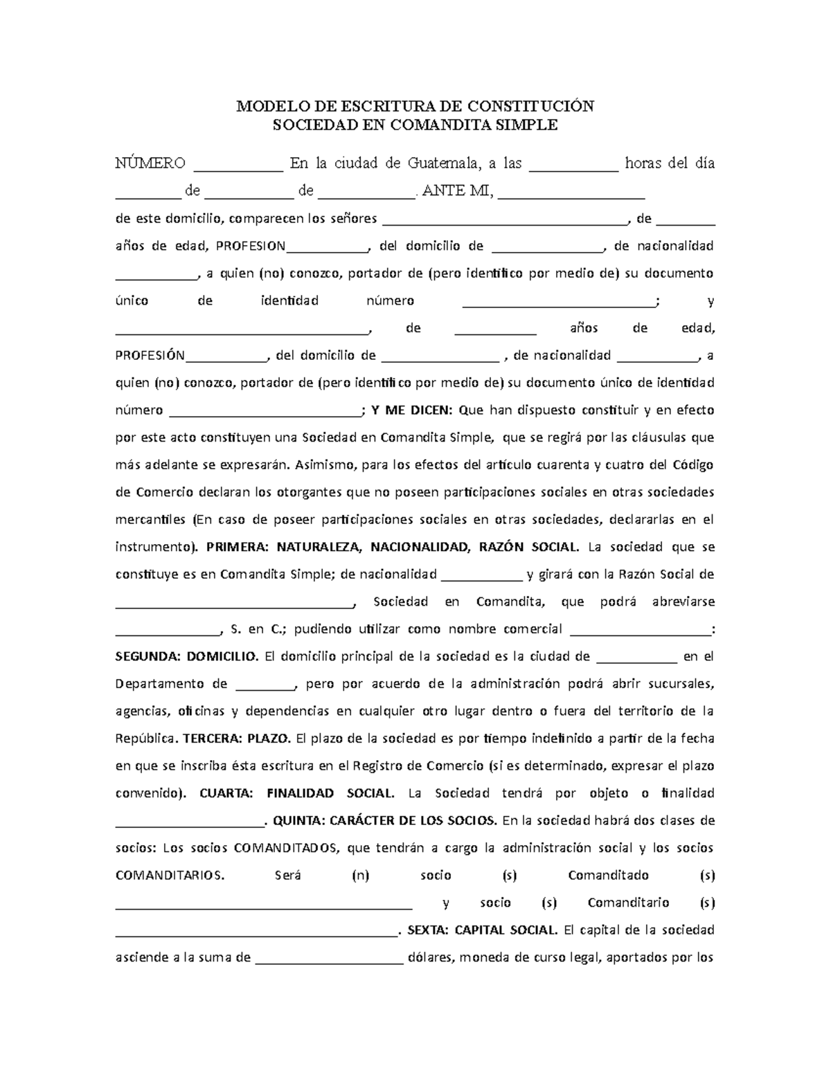 Modelo DE Escritura DE Constitución - MODELO DE ESCRITURA DE CONSTITUCIÓN SOCIEDAD EN COMANDITA ...