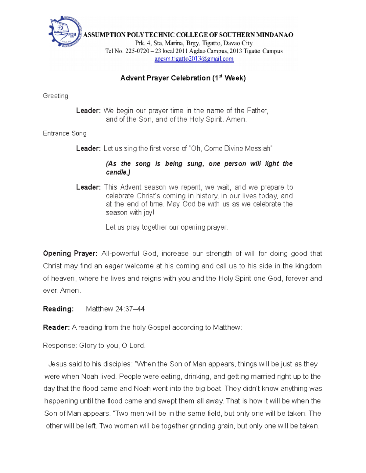 Advent Prayer Celebration (1st week) - Amen. Entrance Song Leader: Let ...