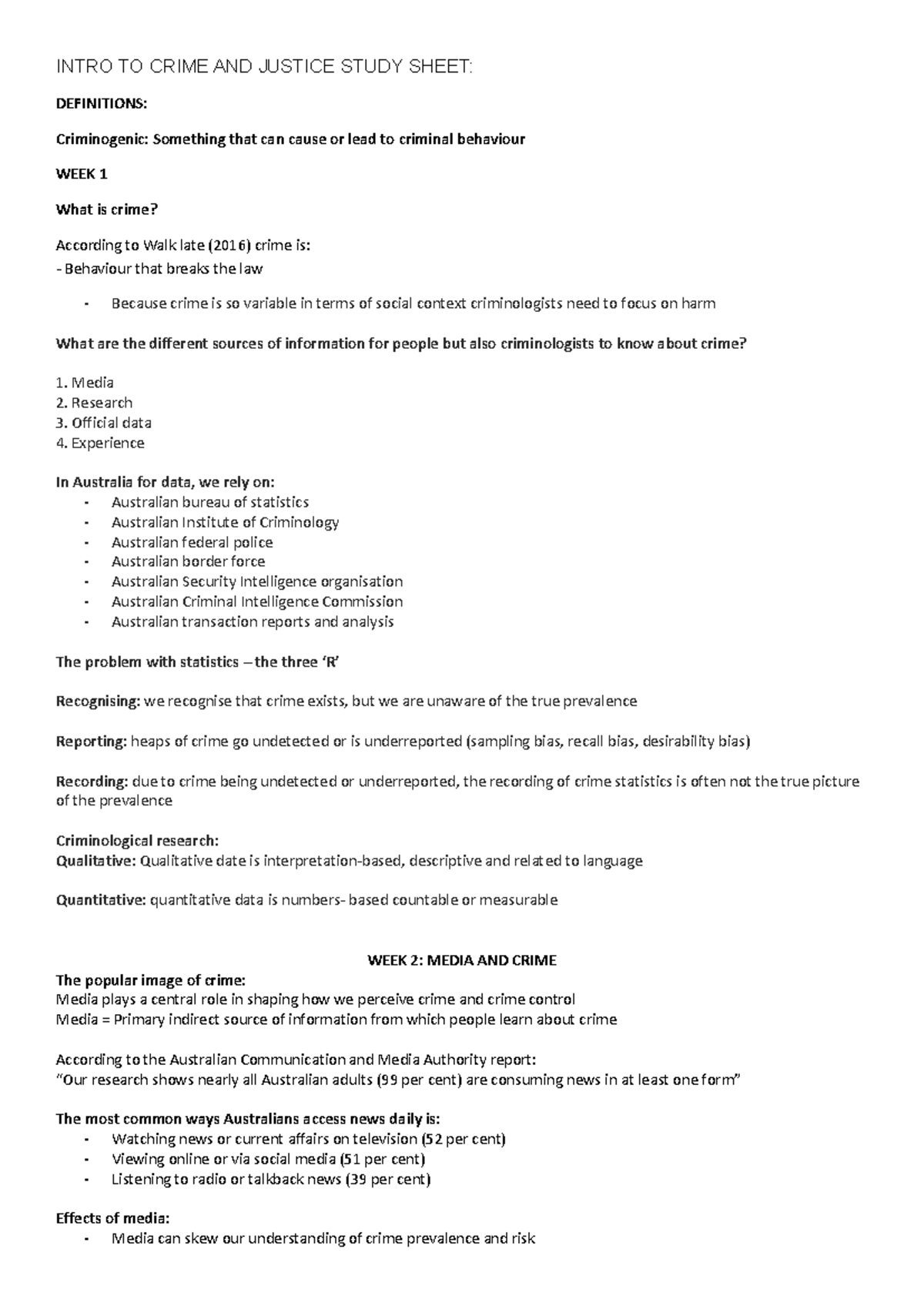 Intro crim study - INTRO TO CRIME AND JUSTICE STUDY SHEET: DEFINITIONS ...