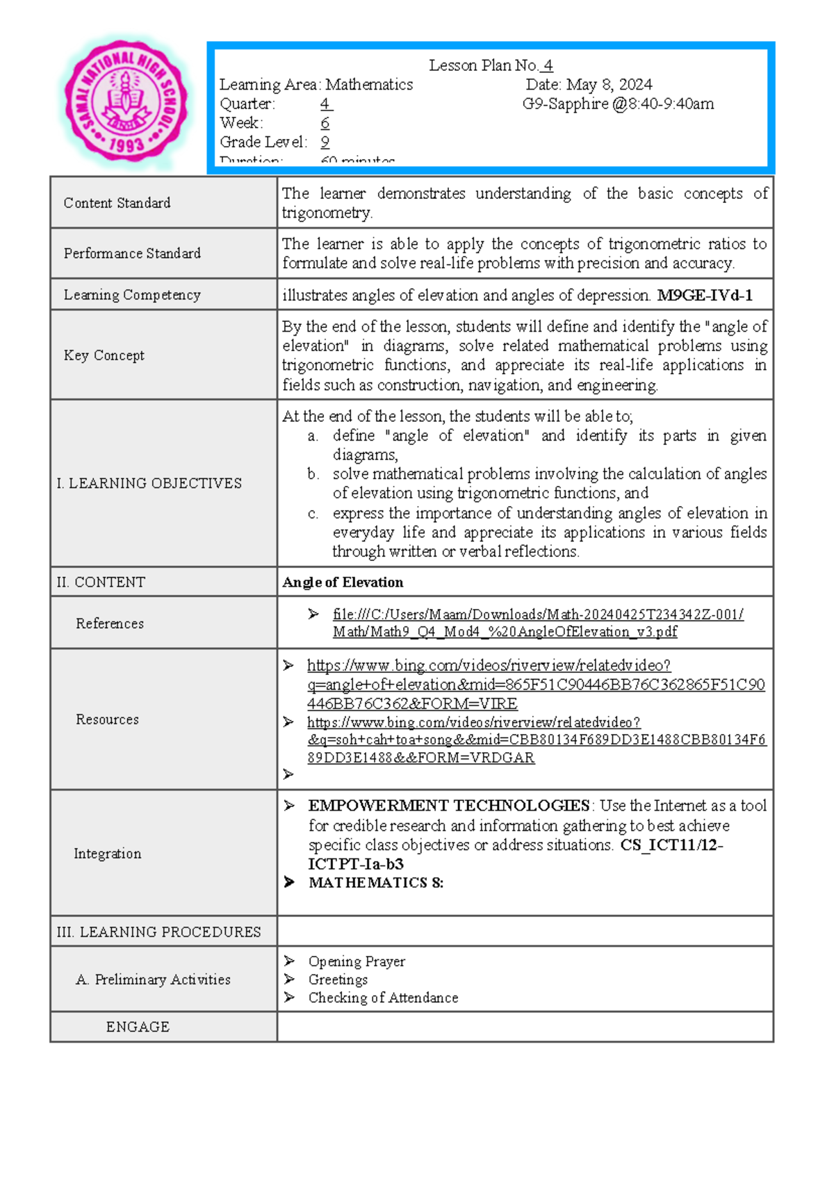Angle of Elevation - Content Standard The learner demonstrates ...