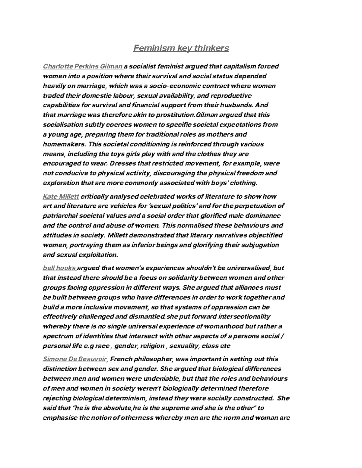 Feminism key thinkers - notes - Feminism key thinkers Charlotte Perkins ...