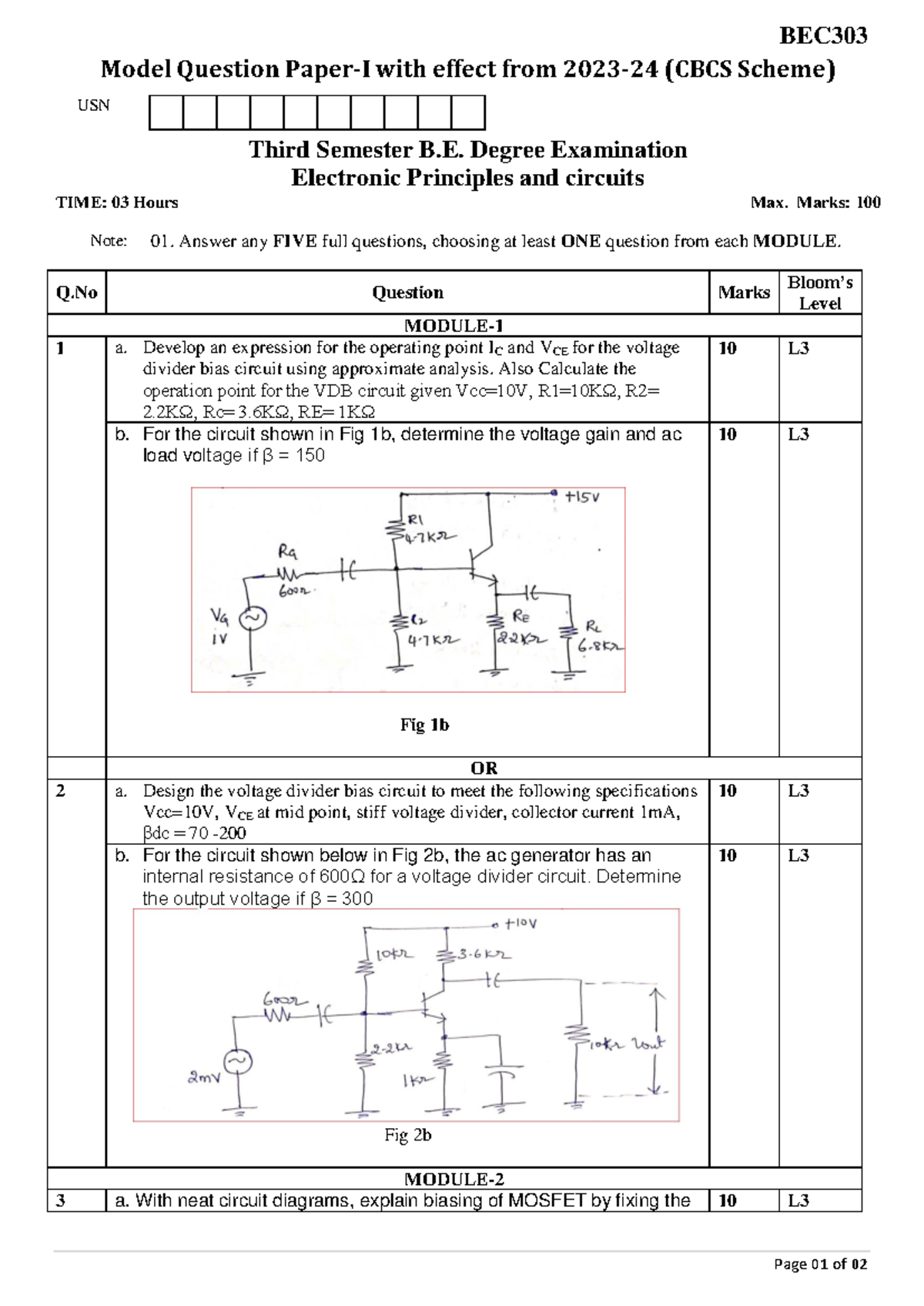 BEC303 set1 - BEC Page 01 of 02 Model Question Paper-I with effect from 2023 - 24 (CBCS Scheme ...