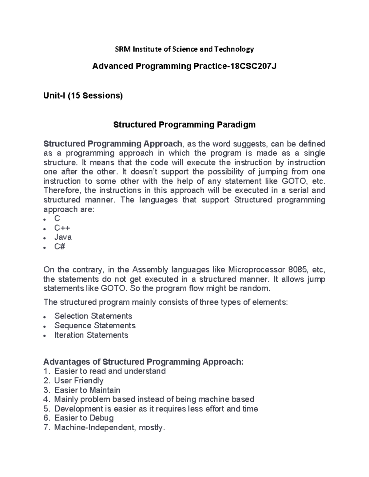 Unit 1 word file - notesss - ####### SRM Institute of Science and ...