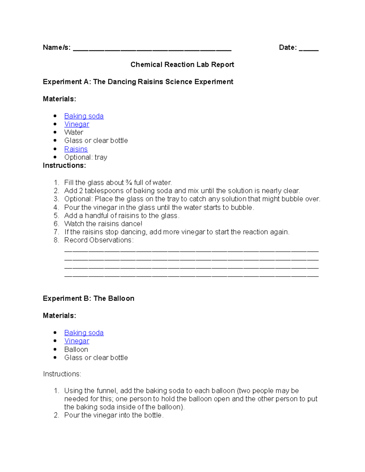 Baking Soda Experiment - Name/s ...