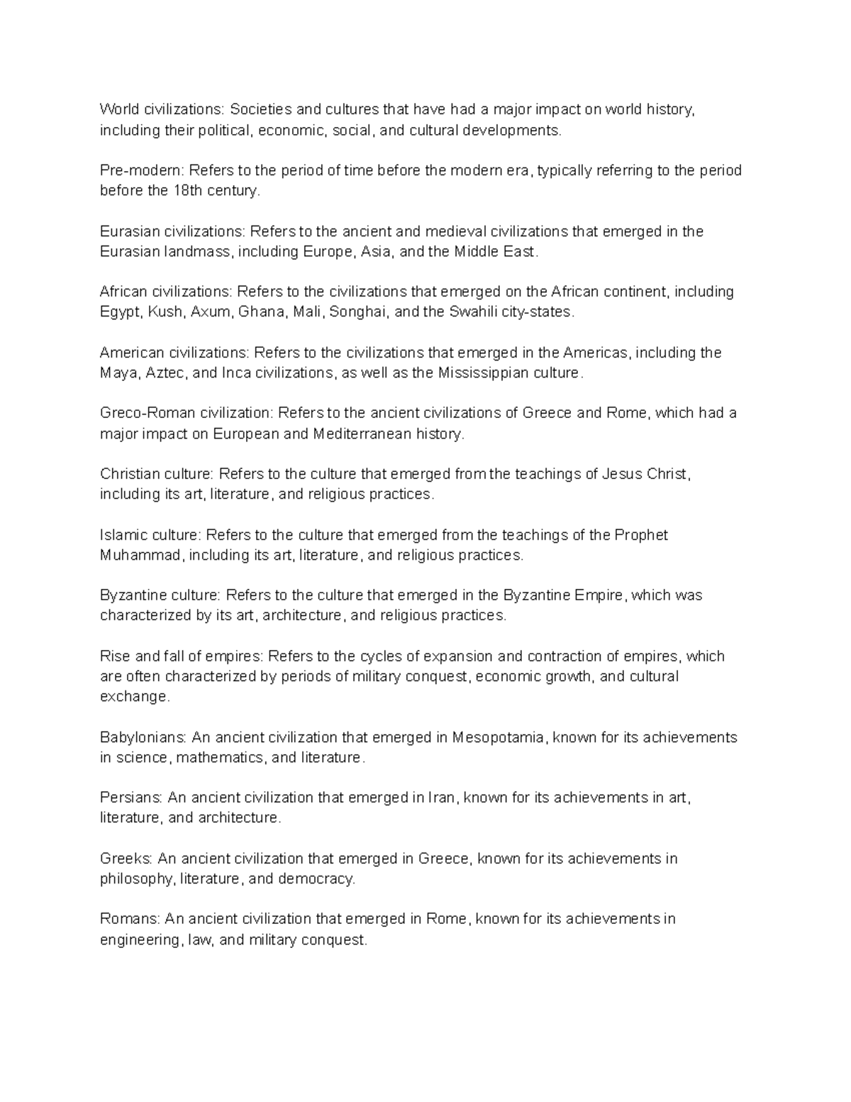 HIS-111 World Civilizations I Vocabulary List - World civilizations ...
