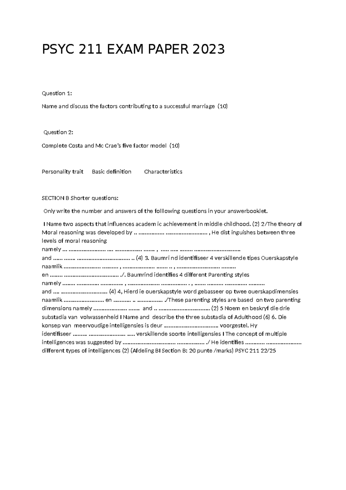 PSYC 211 previous question paper - PSYC 211 EXAM PAPER 2023 Question 1 ...