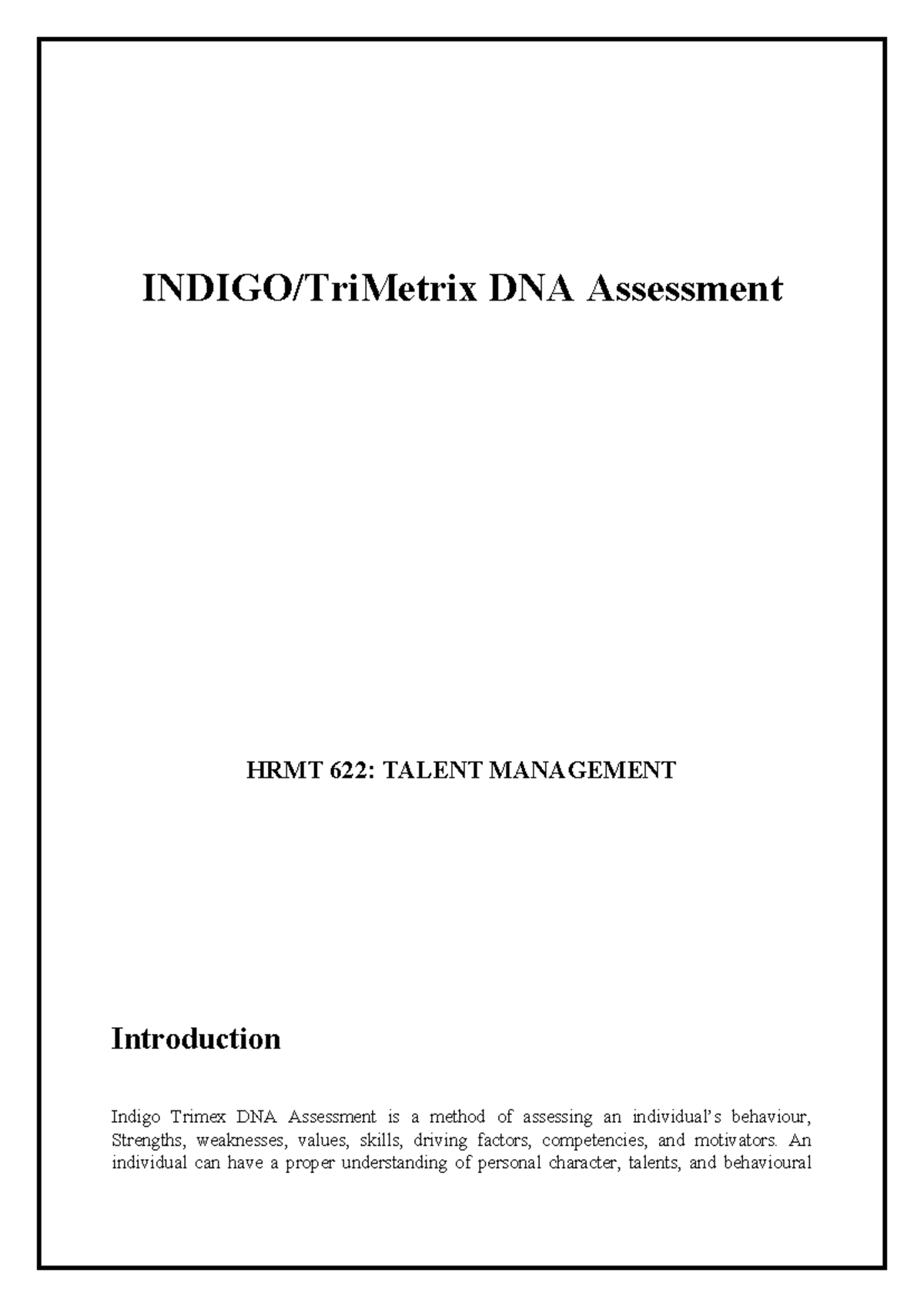 Indigo Trimex Report Assignment - INDIGO/TriMetrix DNA Assessment HRMT ...