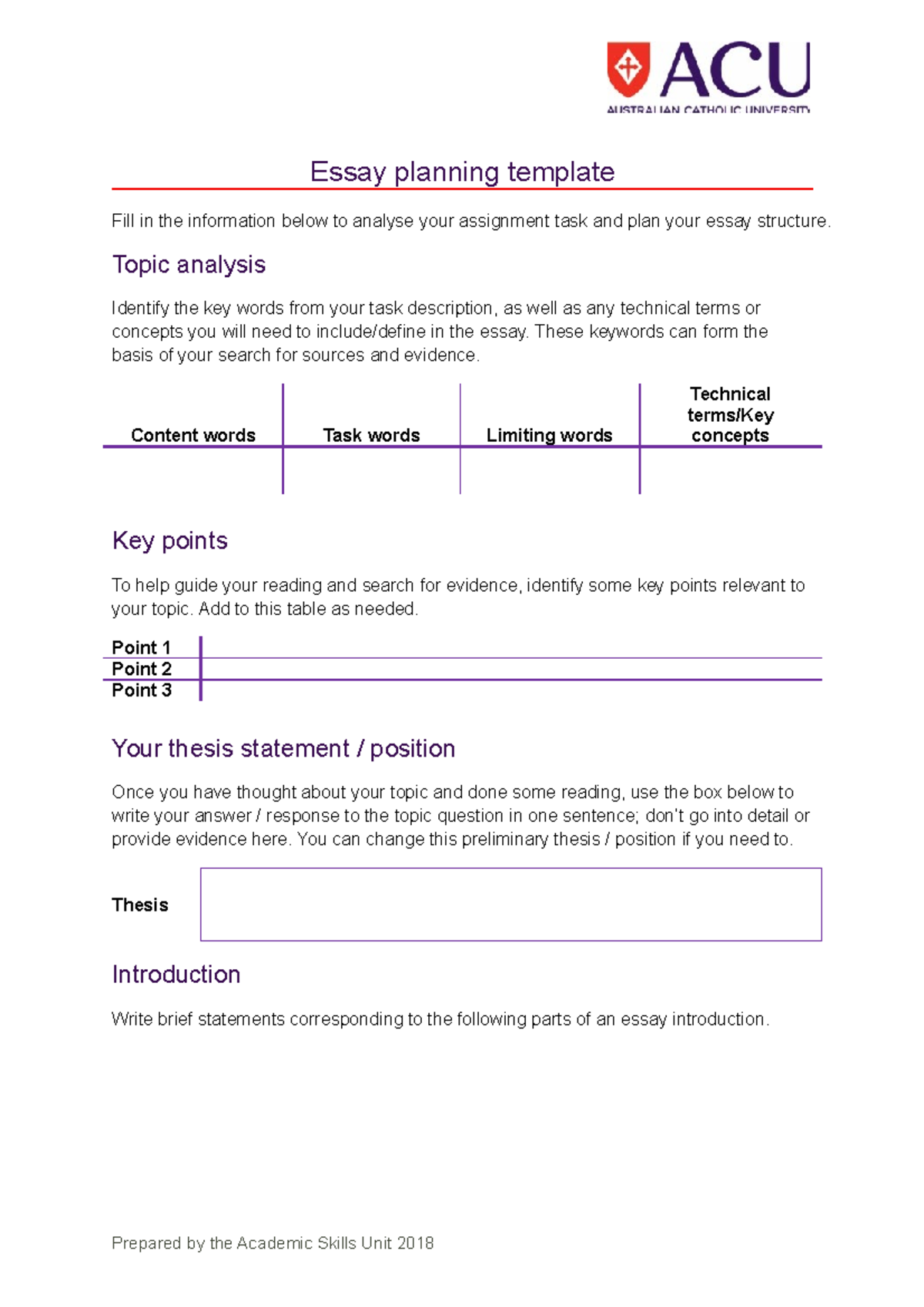 Essay planning template - Topic analysis Identify the key words from ...