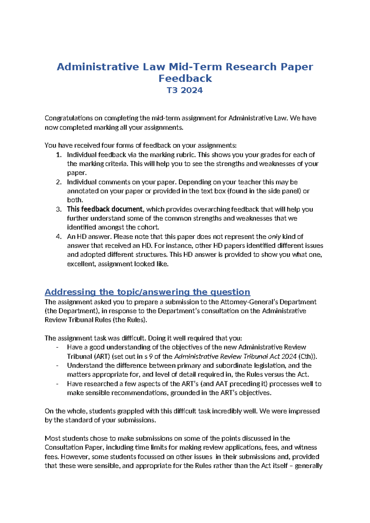 Mid-term feedback T3 2024 - Administrative Law Mid-Term Research Paper ...