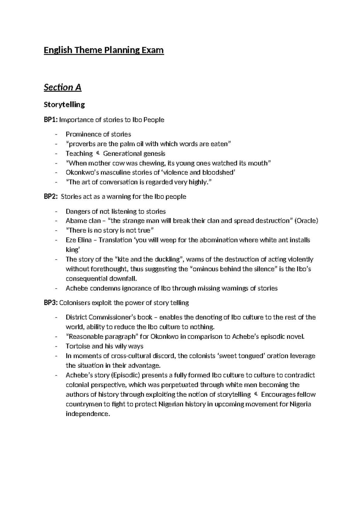 Things Fall Apart text summary notes - English Theme Planning Exam ...