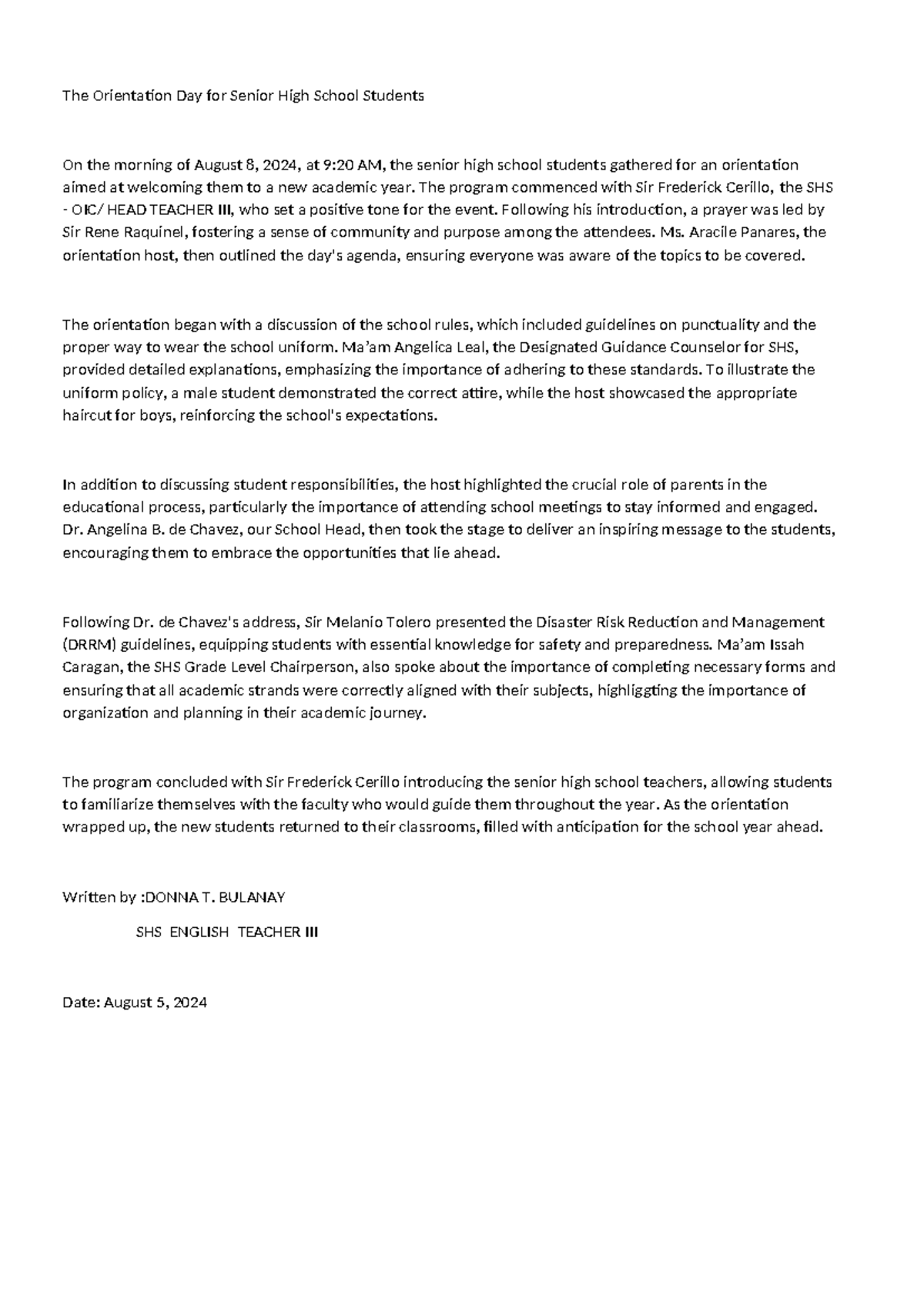 Narrative Report of SHS Orientation 2024 1 - The Orientation Day for ...
