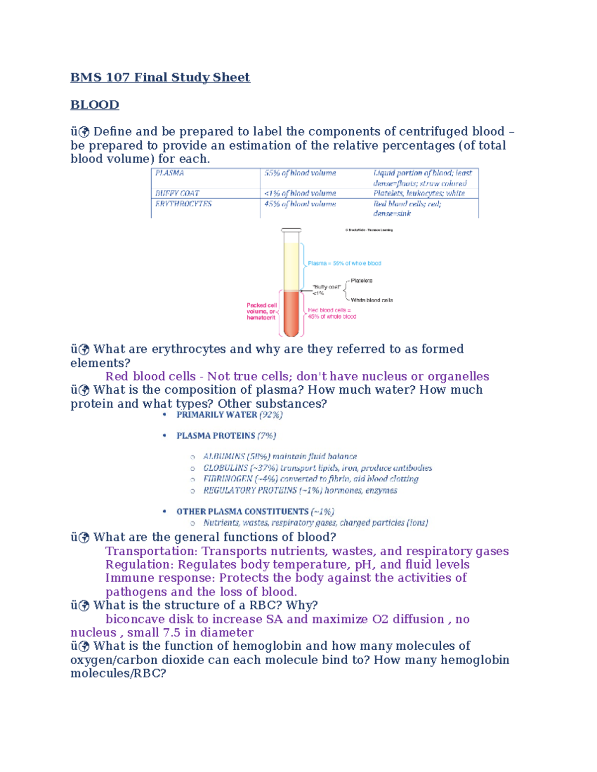 BMS 107 Final Study Sheet - BMS 107 Final Study Sheet BLOOD ü Define ...