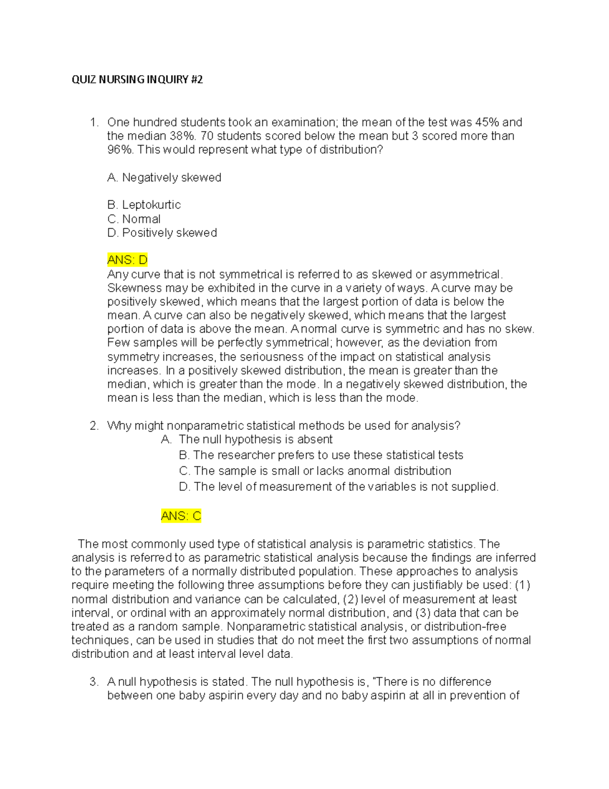 Q2 N Inq - Review questions - QUIZ NURSING INQUIRY One hundred students ...