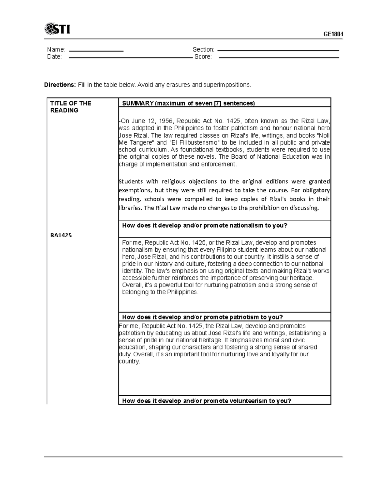 01 Worksheet 1B - Rizal - Directions: Fill in the table below. Avoid ...