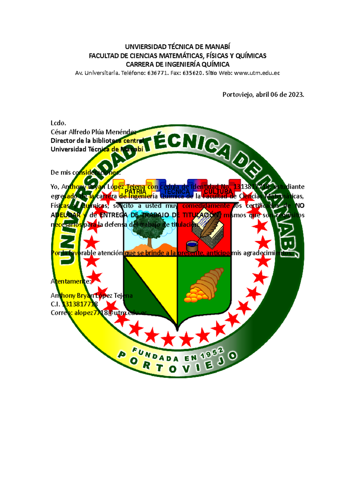 Solicitud no adeudar y repositorio - UNVIERSIDAD TÉCNICA DE MANABÍ ...