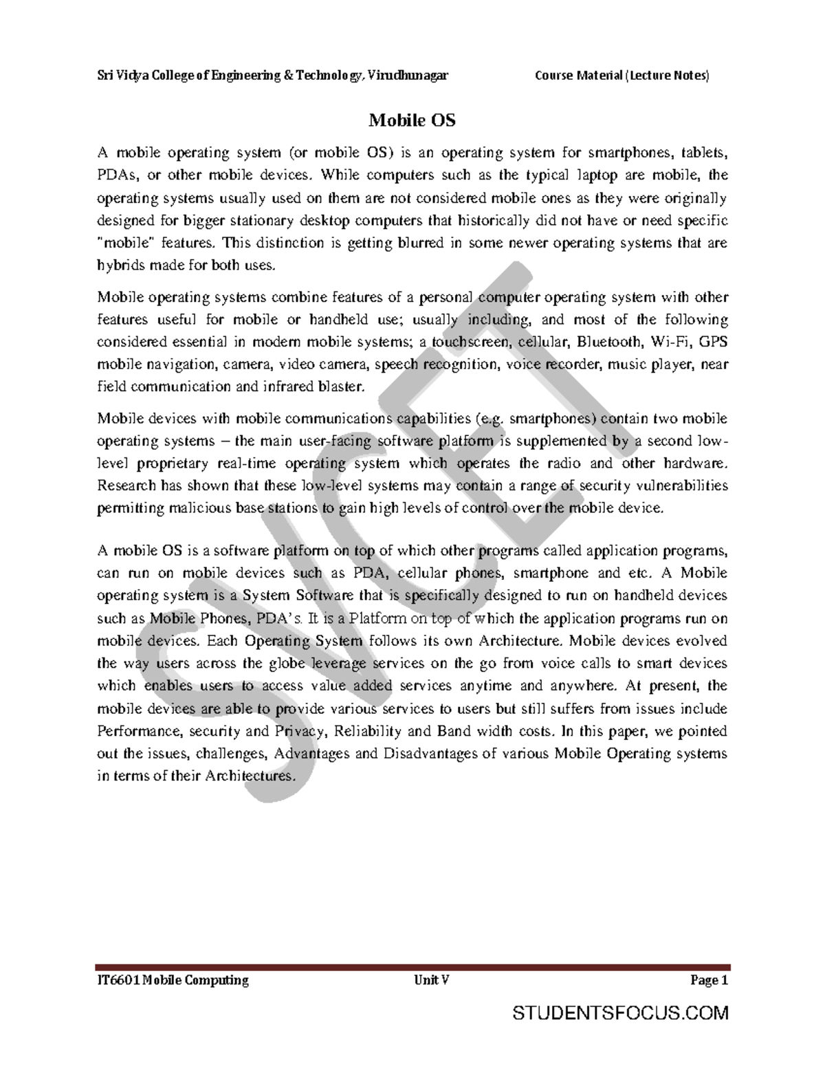 104625 - IT6601 Mobile Computing Unit V Page 1 Mobile OS A mobile ...