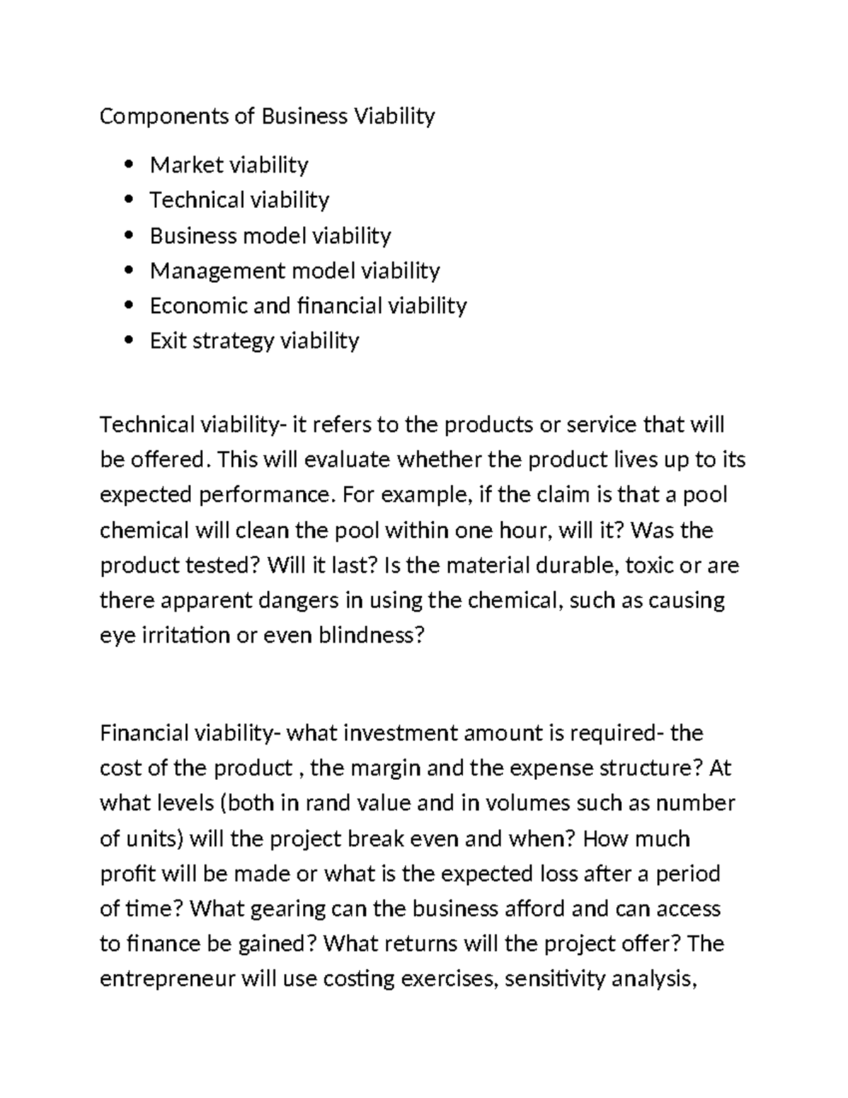 Components of Business Viability - This will evaluate whether the ...