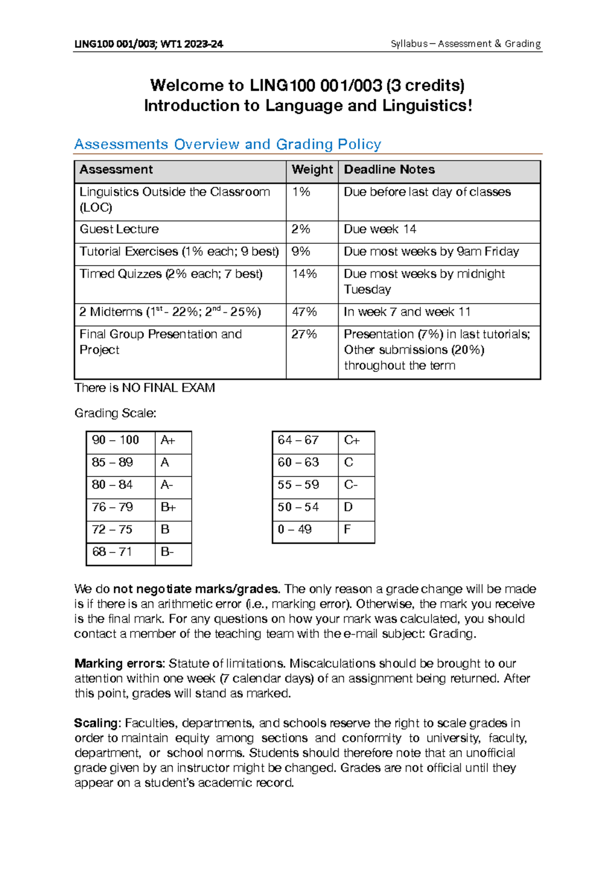LING100 Assessments Grading WT1 2023-24 - Welcome to LING100 001/003 (3 credits) Introduction to ...