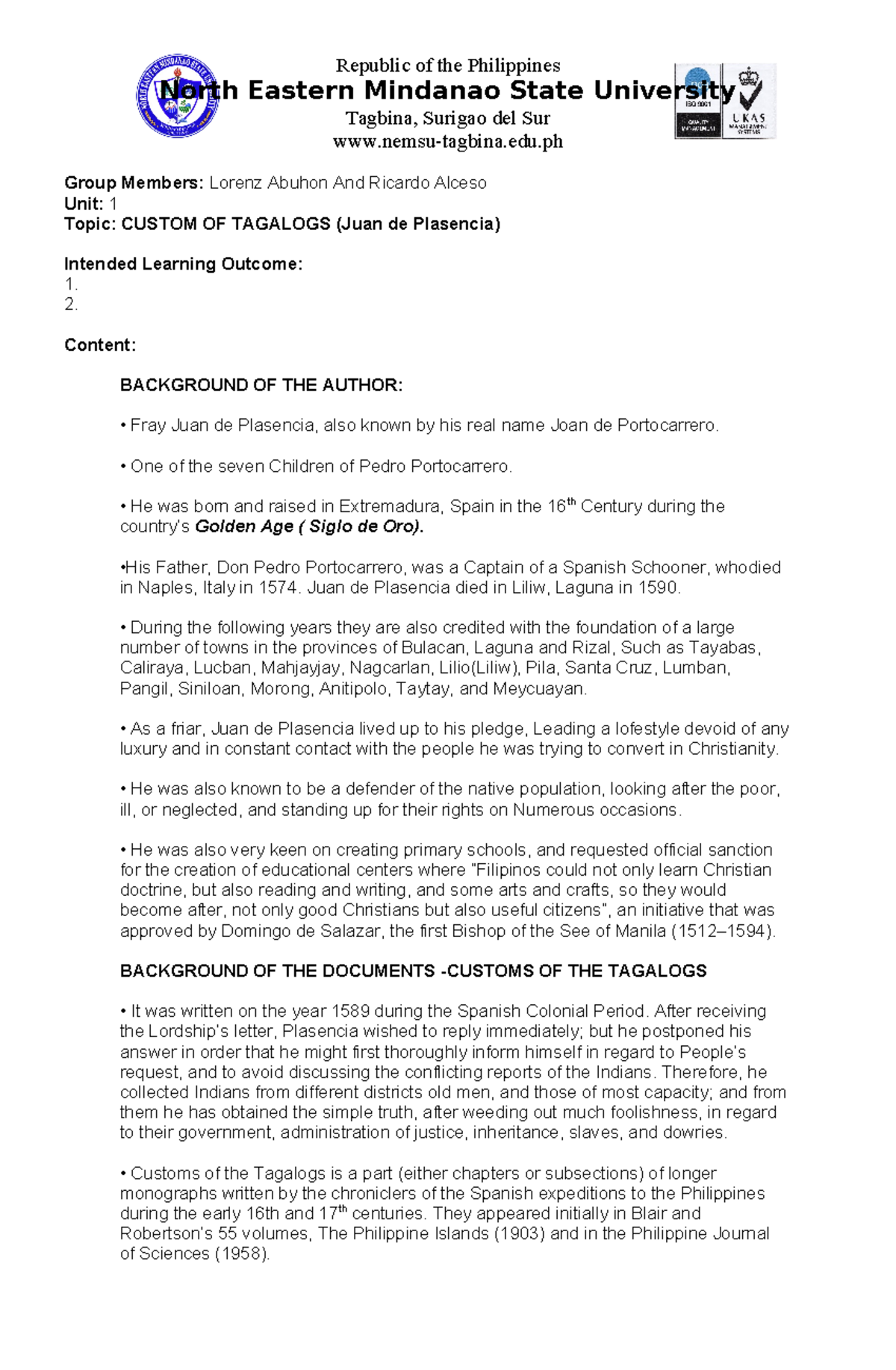 Customs of the Tagalog Written Report - Republic of the Philippines ...