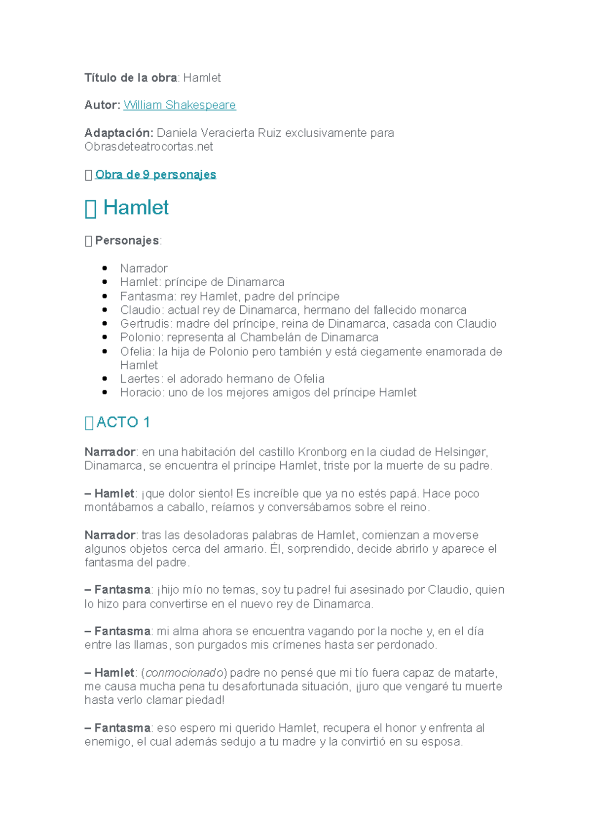 Guion teatral obra Hamlet - Título de la obra: Hamlet Autor: William ...