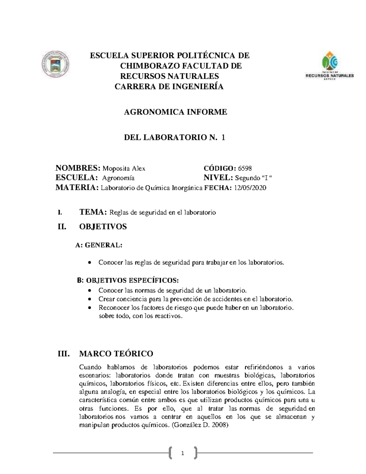 Practica 1 Seguridad en el laboratorio - Warning: TT: undefined function: 32 ESCUELA SUPERIOR ...