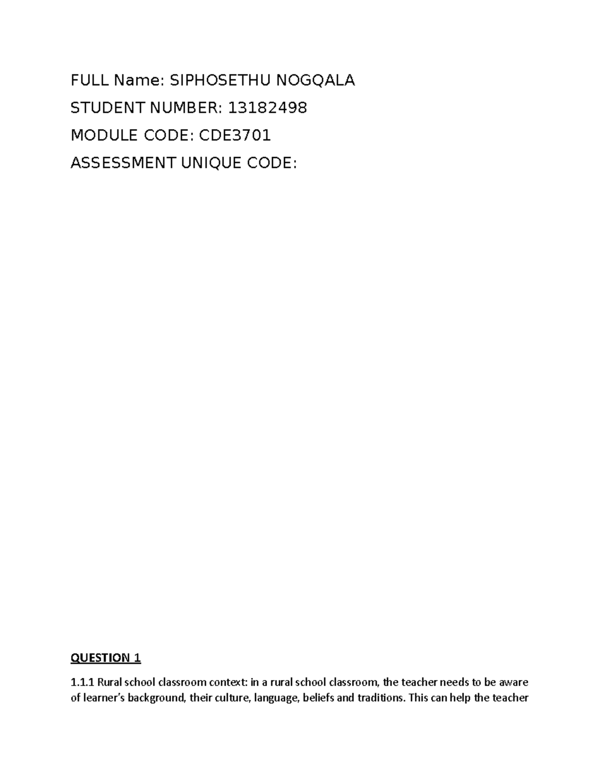 Cde3701 assessment 2 - FULL Name: SIPHOSETHU NOGQALA STUDENT NUMBER: 13182498 MODULE CODE: CDE ...