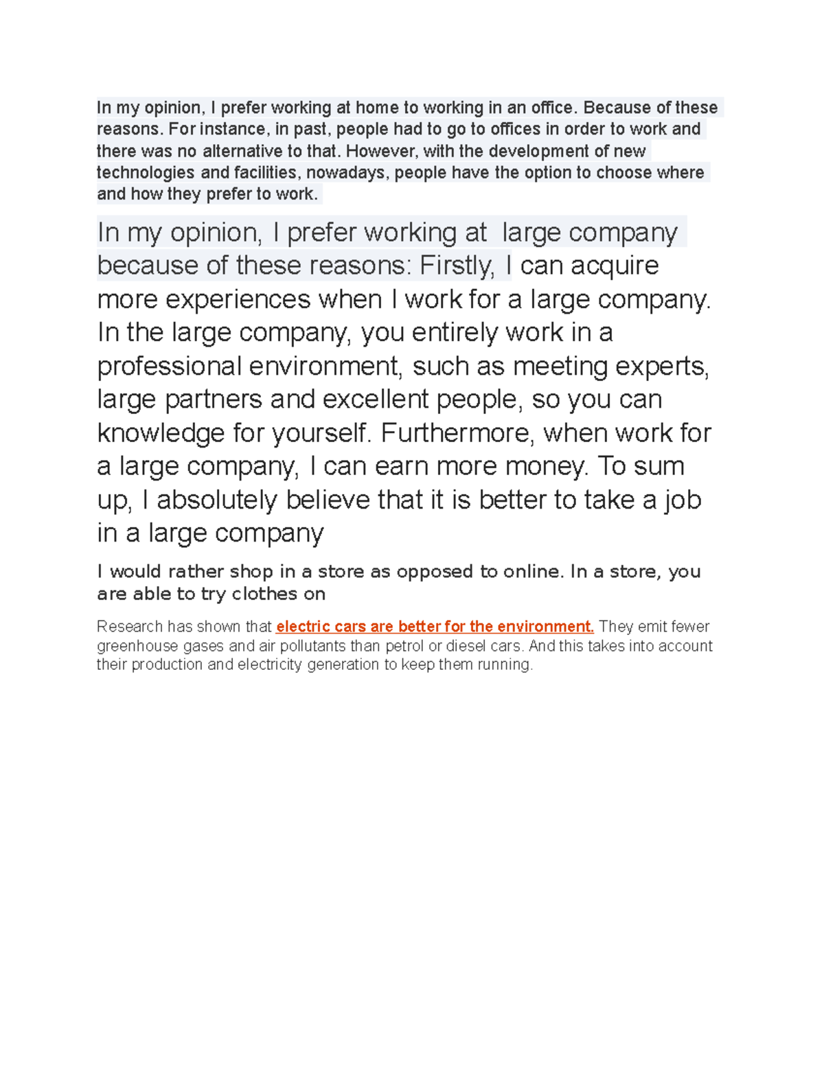 In my opinion - English 4 - In my opinion, I prefer working at home to ...