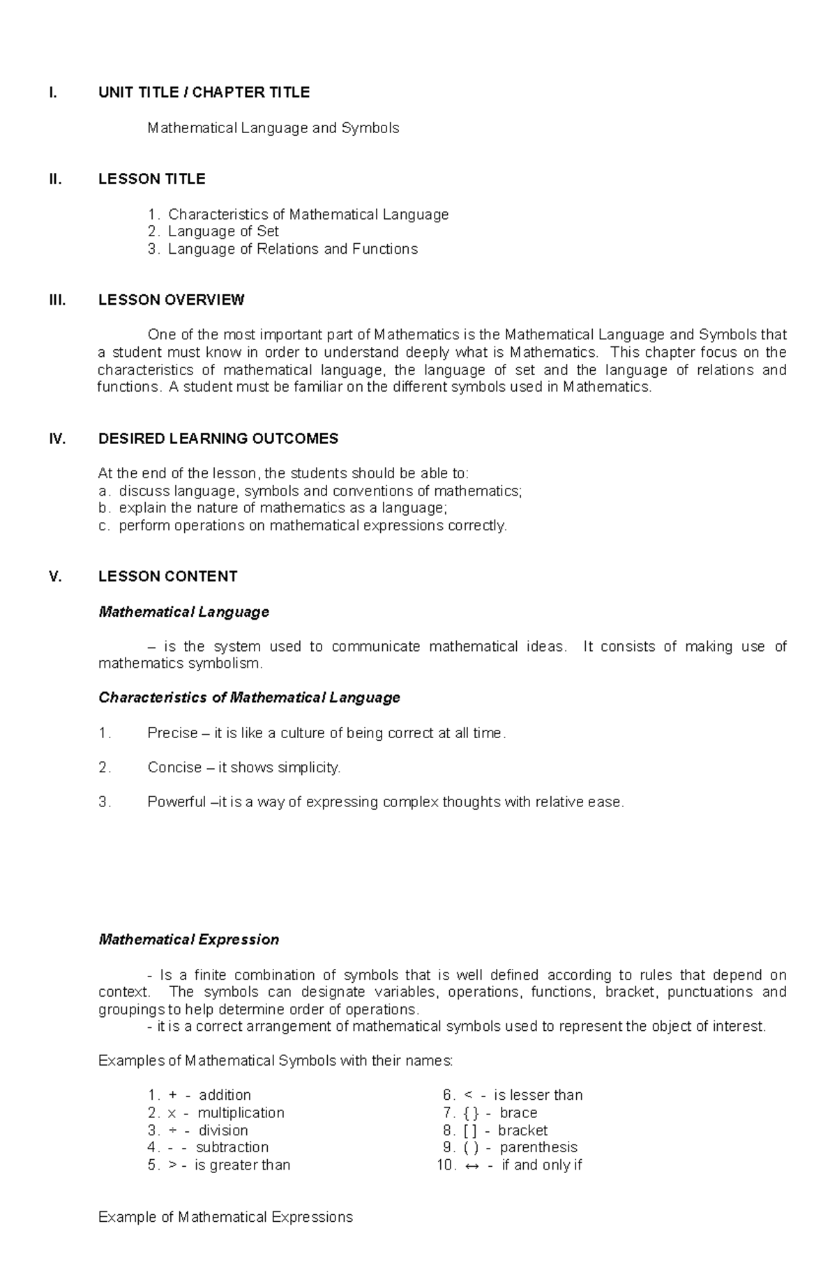Module 2 Mathematics IN THE MW Copy - I. UNIT TITLE / CHAPTER TITLE ...