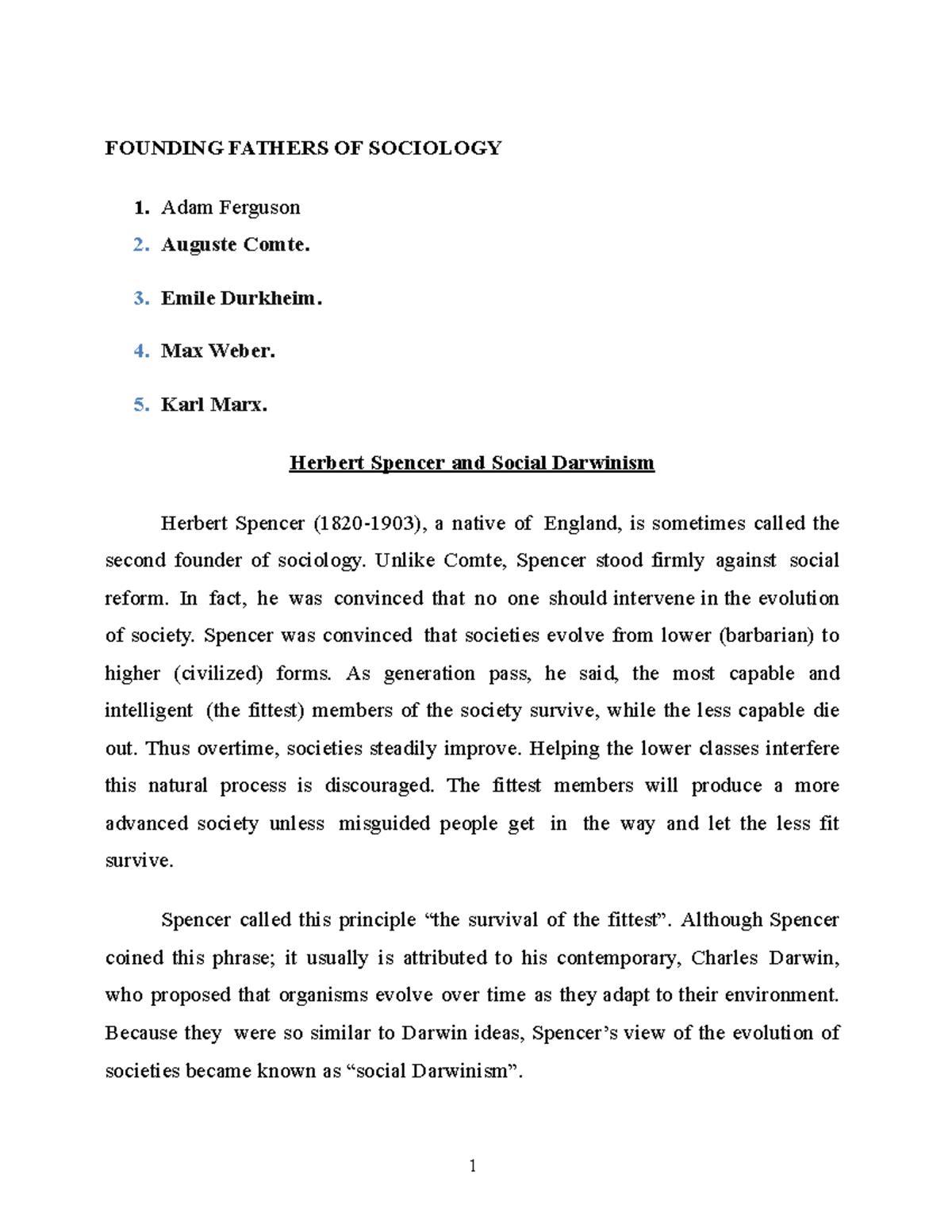 Founding Fathers OF Sociology Assignment - FOUNDING FATHERS OF ...