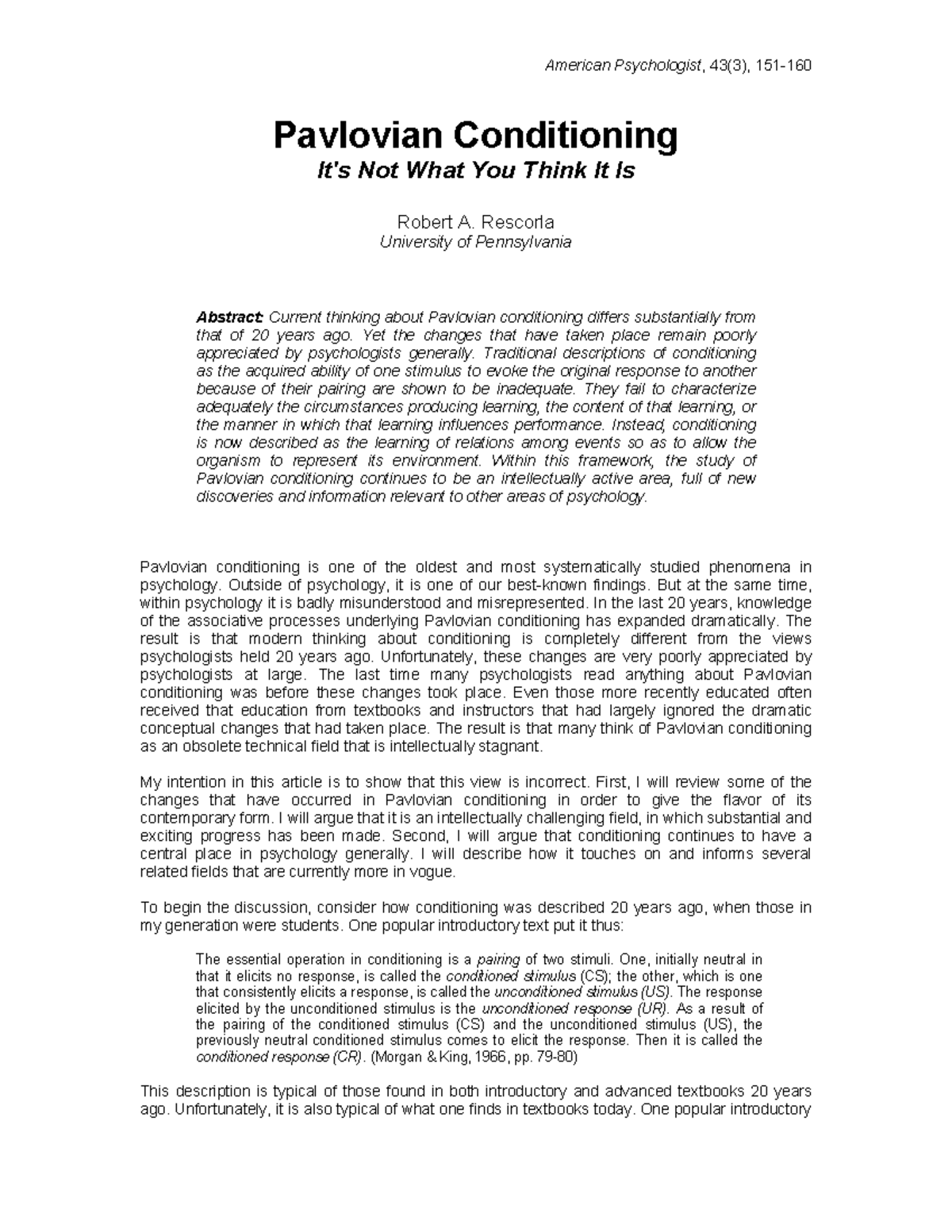 Rescorla 1988 -Pavlovian Conditionig - Its not what you think it is ...