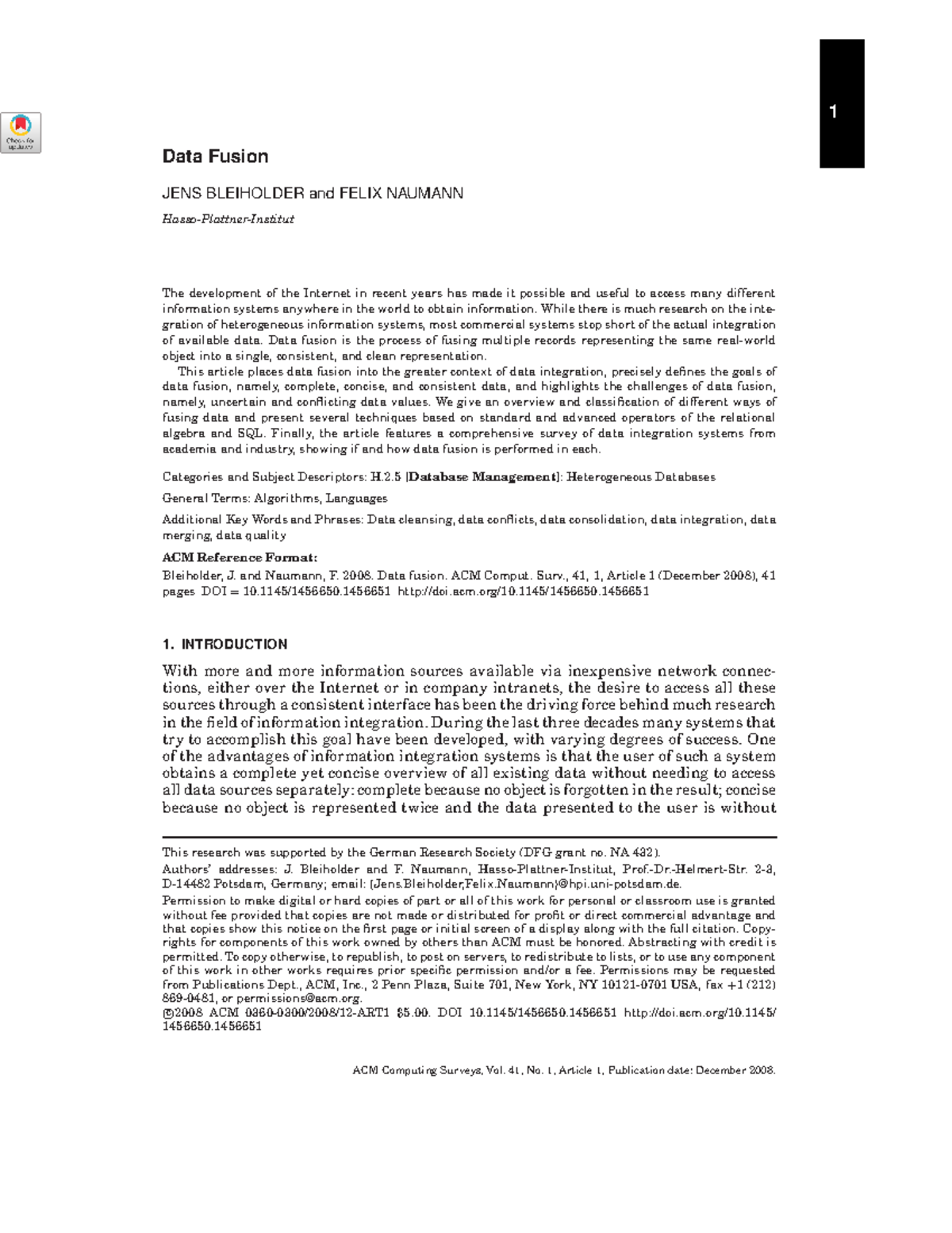 Data fusion - 1 Data Fusion JENS BLEIHOLDER and FELIX NAUMANN Hasso-Plattner-Institut The - Studocu