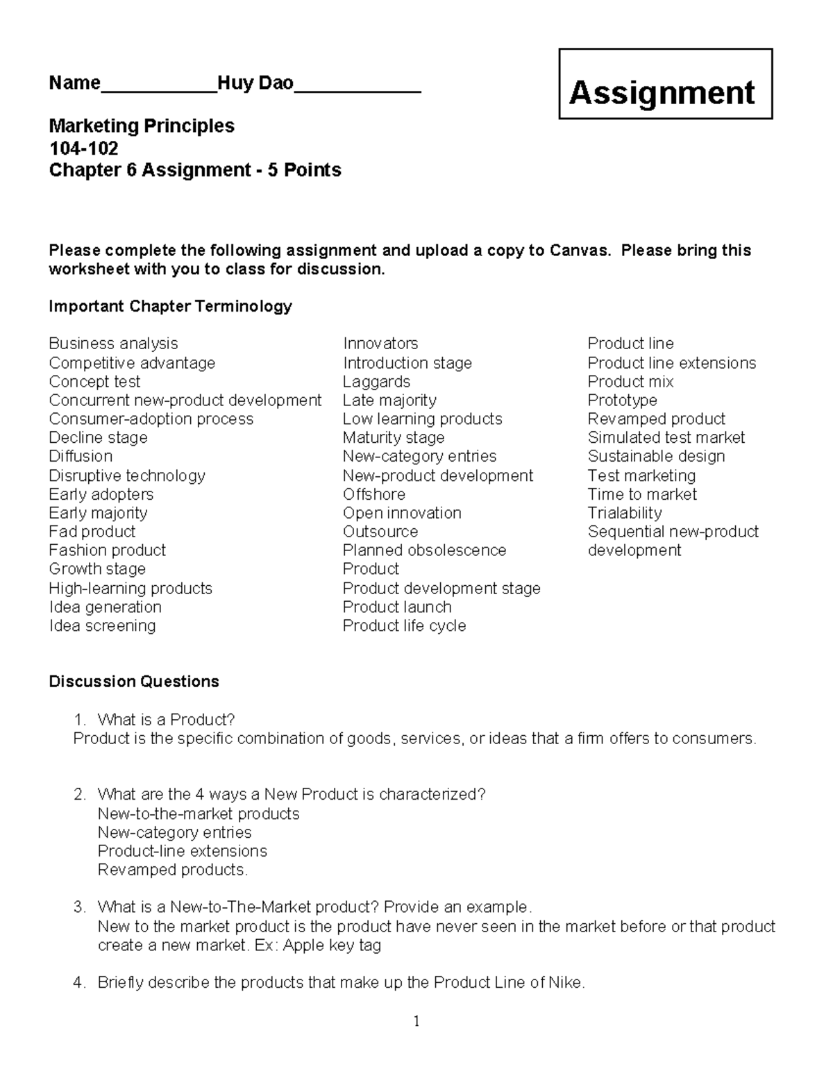 Marketing Principles Chapter 6 Assignment - Name___________Huy Dao____________ Marketing ...