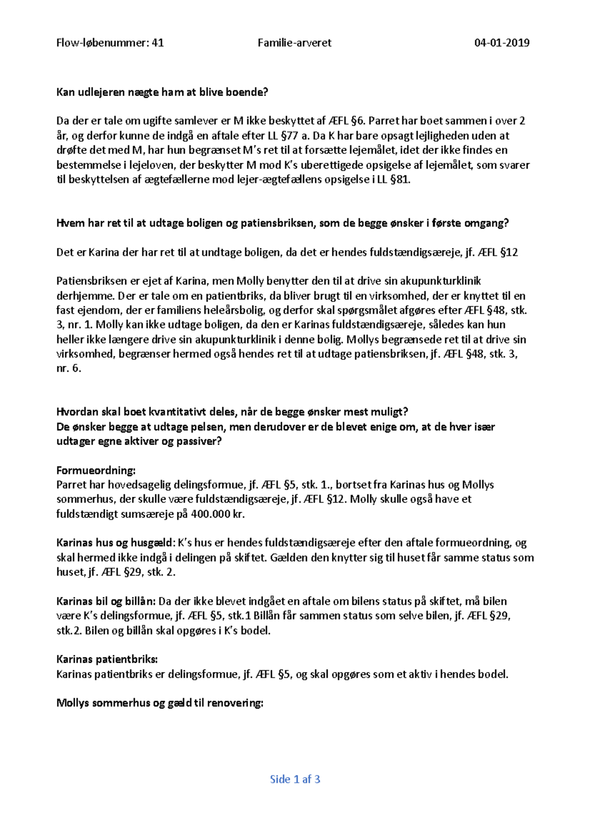 Eksamen 2019, svar - Warning: TT: undefined function: 32 Flow-løbenummer: 41 Familie-arveret 04 ...